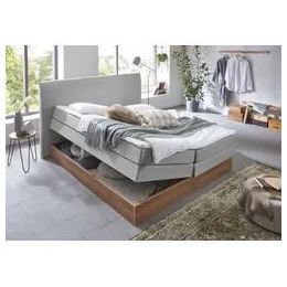 Boxspringbett Home Affaire "Blomen" Komplettbetten Gr. Struktur fein, Liegefläche B/L: 180cm x 200cm, Gewicht bis: 90 kg + 90 kg H2 + H2, Bonnell-Federkernmatratze, grau (hellgrau) Boxspringbett mit Walnuss-Dekor, Bettkasten, verschiedene Härtegrade, Topper