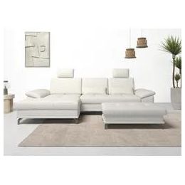 Ecksofa Places of Style "Costello L-Form, mit Sitztiefenverstellung, Armteilverstellung und" Sofas Gr. B/H/T: 301cm x 89cm x 176cm, Material, Recamiere links, ohne Bettfunktion-ohne Bettkasten, weiß (altweiß) 3 Nierenkissen, optional Bettfunktion und Bettkasten