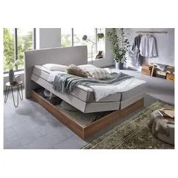 Boxspringbett Home Affaire "Blomen" Komplettbetten Gr. Struktur fein, Liegefläche B/L: 160cm x 200cm, Gewicht bis: 120 kg + 120 kg H3 + H3, 7-Zonen-Taschen-Federkernmatratze, beige Boxspringbett mit Walnuss-Dekor, Bettkasten, verschiedene Härtegrade, Topper