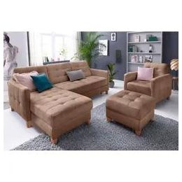 Ecksofa exxpo - SOFA FASHION "Elio, kompakt und komfortabel, bequem zeitloses Design, L-Form" Sofas Gr. B/T: 217cm x 157cm, Vintage Velours, Recamiere links, mit Bettfunktion, braun (cognac) wahlweise mit Bettfunktion