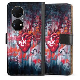 DeinDesign Handyhülle 1. FCK Herz 1. FC Kaiserslautern 1.FCK Herz, Huawei P50 Pro Hülle Handy Flip Case Wallet Cover Handytasche Leder, schwarz