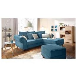 Ecksofa Home Affaire "King George King Henry, L-Form" Sofas Gr. B/H/T: 260cm x 90cm x 190cm, Samtstoff, Recamiere rechts, blau (petrol) mit Federkern, in legerer Polsterung und vielen Kissen