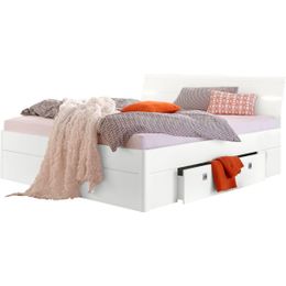Stauraumbett Schlafkontor "Mars", weiß, B:146cm H:97cm L:216cm, Betten, inklusive 2 Schubkästen und LED-Beleuchtung