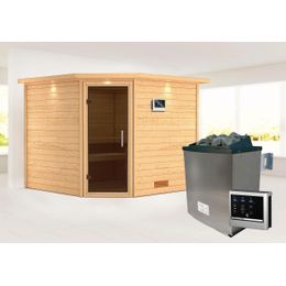 Karibu Sauna ""Leona" mit Kranz und graphitfarbener Tür Ofen 9 KW externe Strg" Saunen aus hochwertiger nordischer Fichte beige (naturbelassen)