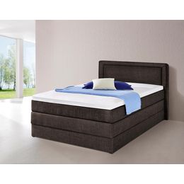 Boxspringbett Hapo, braun, Liegefläche B/L: 140cm x 200cm, kein Härtegrad, Bonnell-Federkernmatratze, Kopfteil, seitliche Unterbox und Obermatratze sind mit pflegeleichtem Feinstrukturstoff in Leinenoptik (100% Polyester) bezogen;Die Oberseite der Unterfederung und die Ober- und Unterseite der Obermatratze sind jeweils mit einem rutschhemmenden Stoff aus 100% Polyester bespannt., Komplettbetten, B