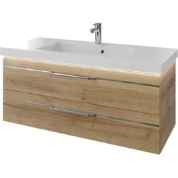 Waschtisch SAPHIR "Serie Balto Mineralmarmor-Waschtisch mit Unterschrank, 123 cm breit" Waschtische Gr. Griffe Chrom Glanz, LED, braun (riviera eiche quer nachbildung, riviera nachbildung) Waschplatz mit 2 Schubladen, Badschrank in verschiedenen Ausführungen