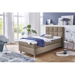 Boxspringbett, beige (schwarz, beige), B:115cm L:210cm, Bezug Bett: Feinstruktur 100% Polyester;Bezug Bonnell-Federkernmatratze: 100% Polyester;Bezug Kaltschaummatratze: 100% Polyester;Bezug Tonnentaschenfederkernmatratze: 80% Baumwolle, 20%Polyester;Topper: Komfortschaum mit Bezug 100% Polyester, Westfalia Schlafkomfort, Komplettbetten, Boxspringbett, mit Topper