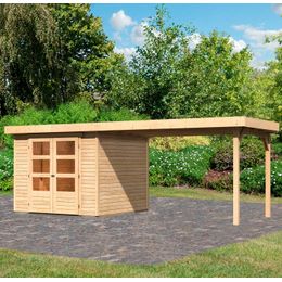 Gartenhaus Karibu "Arnis 3,5" Gartenhäuser Gr. ohne Fußboden, ohne Rück- und Seitenwand, ohne Dacheindeckung, beige (naturbelassen) Gartenhäuser aus Holz mit Anbaudach 2,80 cm Breite