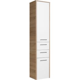 Hochschrank SAPHIR "Quickset 382 Badschrank 40 cm breit, 2 Türen, Schubladen" Schränke Gr. B/H/T: 40 cm x 187 cm x 33 cm, 2 St., braun (eiche natur) Bad-Hochschrank Bad-Hochschränke Badezimmer-Hochschrank, Weiß Hochglanz, Griffe in Chrom glänzend