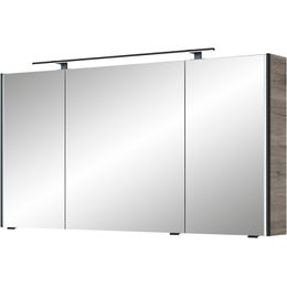 Spiegelschrank SAPHIR "Serie 7045 Badezimmer-Spiegelschrank inkl. LED-Beleuchtung, 3 Türen" Schränke Gr. B/H/T: 133,2 cm x 70,3 cm x 17 cm, LED-Aufsatzleuchte in Schwarz, 3 St., sanremo eiche quer nachbildung Bad-Spiegelschränke Badschrank 133,2 cm breit, inkl. LEDplus Schalter und Türdämpfer