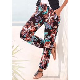 Jerseyhose Vivance Gr. 34, N-Gr, schwarz (schwarz, bedruckt) Damen Hosen Strandhosen mit großem Blumendruck und Taschen, Jerseyhose, elastisch