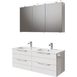 Badmöbel-Set SAPHIR "Serie 6025 2-teilig Mineralmarmor-Waschtisch mit LED-Spiegelschrank", weiß (weiß hochglanz select), B:132cm H:200cm T:48cm, Spanplatte, Kastenmöbel-Sets, Waschplatz 132cm breit, 4 Schubladen, 2 Spiegel-Türen, inkl Türdämpfer