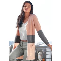 Cardigan Vivance Gr. 32/34, bunt (rosa, grau, apricot) Damen Strickjacken mit Colorblock-Optik und Taschen, lange Strickjacke