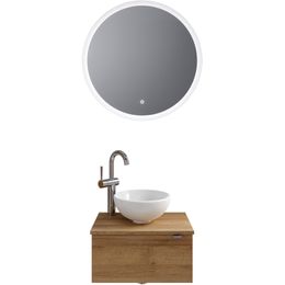 Badmöbel-Set SAPHIR "Serie 6915", braun (riviera eiche, riviera eiche), B:51cm H:200cm T:35cm, Kastenmöbel-Sets, Gäste-Bad, mit LED-Spiegel und 1 Tür