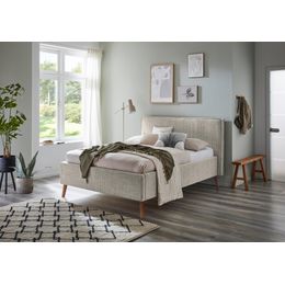 Meise Möbel Polsterbett MEISE.MÖBEL "Riva", beige (greige, greige), B:165cm L:216cm, Betten, mit eichefarbigen Holzfüßen, wahlweise mit Bettkasten und Lattenrost