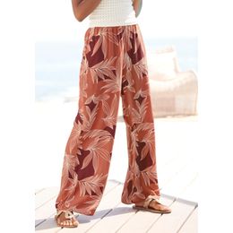 Palazzohose Lascana Gr. 34, N-Gr, bunt (orange, aubergine bedruckt) Damen Hosen Strandhosen mit Alloverprint und Taschen, Wide-Leg, Stoffhose