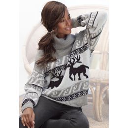Rollkragenpullover Vivance Gr. 36/38, grau (grau, schwarz, creme) Damen Pullover Rollkragenpullover mit Weihnachtsmotiv