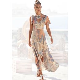 Maxikleid Buffalo Gr. 46, N-Gr, bunt (orange, blau, bedruckt) Damen Kleider Strandkleider mit Animalprint, Schlitz und Volant, Flügelärmel, Druckkleid Bestseller