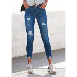 Destroyed-Jeans Buffalo Gr. 34, N-Gr, blau (dark, blue, washed) Damen Jeans Röhrenjeans mit ausgefranstem Beinabschluss und Stretchanteil, schmale Passform Bestseller