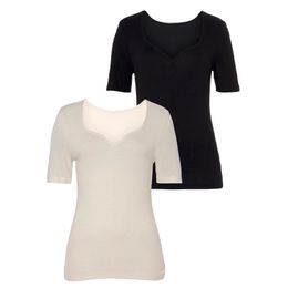 T-Shirt Vivance Gr. 32/34, beige (creme, schwarz) Damen Shirts Jersey mit herzförmigen Dekolleté
