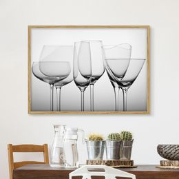 Bild mit Rahmen Edle Gl&auml;ser Schwarz-Wei&szlig; - gerahmte Wandbilder Print Kulinarisch Wohnzimmer Schwarz/Wei&szlig;
