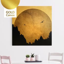 Bilderwelten Leinwandbild Wald modern Aquarell gold - Goldmond im Wald - Bäume XXL Wohnzimmer Schlafzimmer