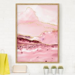 Bild mit Rahmen Abstrakte Berge Rosa mit Goldenen Linien - gerahmte Wandbilder Print Abstrakt Steinoptik Schlafzimmer Wohnzimmer Rosa