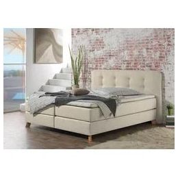 Boxspringbett Home Affaire "Cecina", beige (creme), B:122cm L:210cm, Struktur fein (100% Polyester), Komplettbetten, Boxspringbett, in 5 Breiten, 3 Ausführungen, 2 Härtegrade, Knopfheftung, Topper