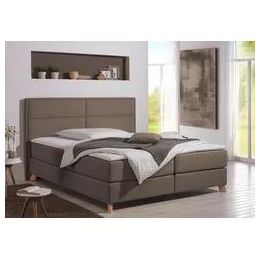 Boxspringbett Home Affaire "Caria", braun (hellbraun), B:111cm L:209cm, Strukturstoff-Bezug (100% Polyester), Topperbezug 100% Polyester, Komplettbetten, Boxspringbett, in 5 Breiten, 3 Matratzen-Ausführungen, 2 Härtegraden, Topper