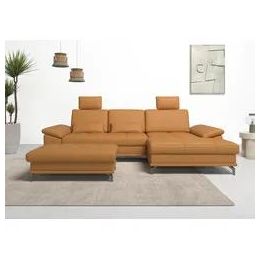 Ecksofa Places of Style "Costello L-Form, mit Sitztiefenverstellung, Armteilverstellung und" Sofas Gr. B/H/T: 301cm x 89cm x 176cm, NaturLEDER, Recamiere rechts, ohne Bettfunktion-ohne Bettkasten, gelb (curry) 3 Nierenkissen, optional Bettfunktion und Bettkasten