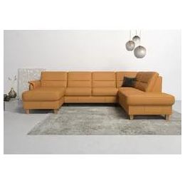 Wohnlandschaft Home Affaire "Palmera U-Form" Sofas Gr. B/H/T: 308 cm x 89 cm x 212 cm, NaturLEDER, Ottomane rechts, mit Bettfunktion-mit Bettkasten-Bett im Stoff bezogen, gelb (curry) Federkern, wahlweise mit Bettfunktion und mitohne Stauraum