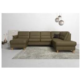 Wohnlandschaft Home Affaire "Palmera U-Form" Sofas Gr. B/H/T: 308 cm x 89 cm x 212 cm, NaturLEDER, Ottomane rechts, mit Bettfunktion-mit Bettkasten-Bett im Stoff bezogen, grün (olive) Federkern, wahlweise mit Bettfunktion und mitohne Stauraum