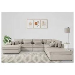 Wohnlandschaft RAUM.ID "Florid U-Form" Sofas Gr. B/H/T: 360cm x 75cm x 260cm, Struktur, Ottomane links, beige 6 Teile, bestehend aus Modulen, viele Bezugsqualitäten, auch in Cord