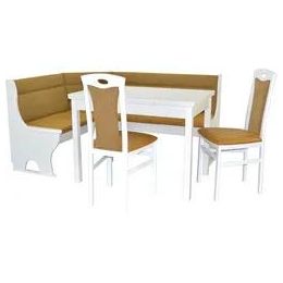 Essgruppe HOFMANN LIVING AND MORE "4tlg. Eckbankgruppe" Sitzmöbel-Sets Gr. B/H/T: 45cm x 95cm x 48cm, Polyester, Ansteckplatten, Schenkel von der Eckbank wahlweise rechts/links montierbar, gelb (ocker + ocker weiß) Stühle montiert