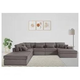 Wohnlandschaft RAUM.ID "Florid U-Form" Sofas Gr. B/H/T: 360cm x 75cm x 260cm, Struktur, Ottomane rechts, grau (taupe) 6 Teile, bestehend aus Modulen, viele Bezugsqualitäten, auch in Cord