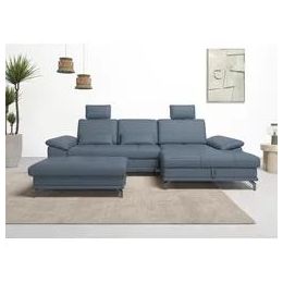 Ecksofa Places of Style "Costello L-Form" Sofas Gr. B/H/T: 301cm x 89cm x 176cm, NaturLEDER, Recamiere rechts, mit Bettfunktion-mit Bettkasten-Bett mit Leder bezogen, blau (graublau) incl. Sitztiefenverstellung und Armlehnfunktion, 3 Nierenkissen