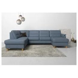 Wohnlandschaft Home Affaire "Palmera U-Form" Sofas Gr. B/H/T: 308 cm x 89 cm x 212 cm, NaturLEDER, Ottomane links, ohne Bettfunktion-ohne Bettkasten-Rücken mit Leder bezogen, blau (grey, blau) Federkern, wahlweise mit Bettfunktion und mitohne Stauraum