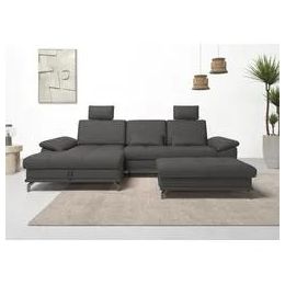 Ecksofa Places of Style "Costello L-Form" Sofas Gr. B/H/T: 301 cm x 89 cm x 176 cm, NaturLEDER, Recamiere links, mit Bettfunktion-mit Bettkasten-Bett mit Leder bezogen, braun (mokka) incl. Sitztiefenverstellung und Armlehnfunktion, 3 Nierenkissen