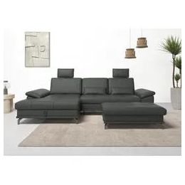 Ecksofa Places of Style "Costello L-Form" Sofas Gr. B/H/T: 301 cm x 89 cm x 176 cm, NaturLEDER, Recamiere links, mit Bettfunktion-mit Bettkasten-Bett mit Leder bezogen, grau (anthrazit) incl. Sitztiefenverstellung und Armlehnfunktion, 3 Nierenkissen