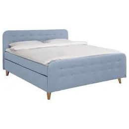 Boxspringbett Tom Tailor HOME "NORDIC BOX" Komplettbetten Gr. Vintage Webstoff TUS, Liegefläche B/L: 160cm x 200cm, H3 + H3, 5-Zonen-Tonnentaschen-Federkernmatratze, blau (sky blue tus 6) Boxspringbett mit Knopfheftung im Kopfteil und Fußteil, Füße in Buche natur