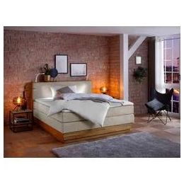 Boxspringbett Home Affaire "Cavan" Komplettbetten Gr. Microfaser Topper Premium LED-Beleuchtung, Liegefläche B/L: 200cm x 200cm, Gewicht bis: 100 kg + 100 kg H3 + H3, 7-Zonen-Tonnentaschen-Federkernmatratze, beige Boxspringbett Eiche, inkl. Bettkasten & Topper, verschiedene Härtegrade (auch H4)