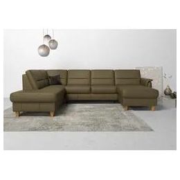 Wohnlandschaft Home Affaire "Palmera U-Form" Sofas Gr. B/H/T: 308cm x 89cm x 212cm, Material, Ottomane links, mit Bettfunktion-mit Bettkasten-Bett im Stoff bezogen, grün (olive) Federkern, wahlweise mit Bettfunktion und mitohne Stauraum