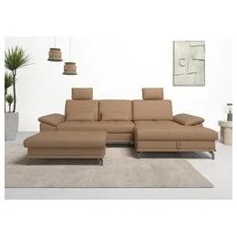 Ecksofa Places of Style "Costello L-Form" Sofas Gr. B/H/T: 301 cm x 89 cm x 176 cm, NaturLEDER, Recamiere rechts, mit Bettfunktion-mit Bettkasten-Bett mit Leder bezogen, braun (cappucino) incl. Sitztiefenverstellung und Armlehnfunktion, 3 Nierenkissen