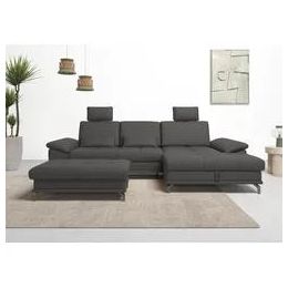 Ecksofa Places of Style "Costello L-Form" Sofas Gr. B/H/T: 301 cm x 89 cm x 176 cm, NaturLEDER, Recamiere rechts, mit Bettfunktion-mit Bettkasten-Bett mit Leder bezogen, braun (mokka) incl. Sitztiefenverstellung und Armlehnfunktion, 3 Nierenkissen