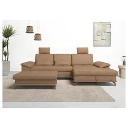 Ecksofa Places of Style "Costello L-Form" Sofas Gr. B/H/T: 301 cm x 89 cm x 176 cm, Material, Recamiere rechts, mit Bettfunktion-mit Bettkasten-Bett im Stoff bezogen, braun (cappucino) incl. Sitztiefenverstellung und Armlehnfunktion, 3 Nierenkissen