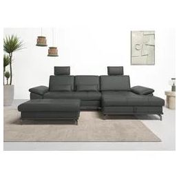 Ecksofa Places of Style "Costello L-Form, mit Sitztiefenverstellung, Armteilverstellung und" Sofas Gr. B/H/T: 301cm x 89cm x 176cm, NaturLEDER, Recamiere rechts, mit Bettfunktion-mit Bettkasten, grau (anthrazit) 3 Nierenkissen, optional Bettfunktion und Bettkasten