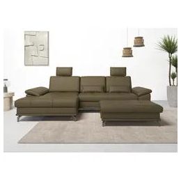 Ecksofa Places of Style "Costello L-Form, mit Sitztiefenverstellung, Armteilverstellung und" Sofas Gr. B/H/T: 301cm x 89cm x 176cm, NaturLEDER, Recamiere links, ohne Bettfunktion-ohne Bettkasten, grün (olive) 3 Nierenkissen, optional Bettfunktion und Bettkasten