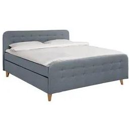 Boxspringbett Tom Tailor HOME "NORDIC BOX" Komplettbetten Gr. Vintage Webstoff TUS, Liegefläche B/L: 200cm x 200cm, H2 + H2, 5-Zonen-Tonnentaschen-Federkernmatratze, blau (blue tus 16) Boxspringbett mit Knopfheftung im Kopfteil und Fußteil, Füße in Buche natur