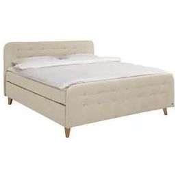 Boxspringbett Tom Tailor HOME "NORDIC BOX" Komplettbetten Gr. Vintage Webstoff TUS, Liegefläche B/L: 140cm x 200cm, H3, 5-Zonen-Tonnentaschen-Federkernmatratze, beige (ecru tus 1) Boxspringbett mit Knopfheftung im Kopfteil und Fußteil, Füße in Buche natur