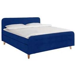 Boxspringbett Tom Tailor HOME "NORDIC BOX" Komplettbetten Gr. Samtstoff TSV, Liegefläche B/L: 180cm x 200cm, H2 + H2, 5-Zonen-Tonnentaschen-Federkernmatratze, blau (cobalt tsv 66) Boxspringbett mit Knopfheftung im Kopfteil und Fußteil, Füße in Buche natur